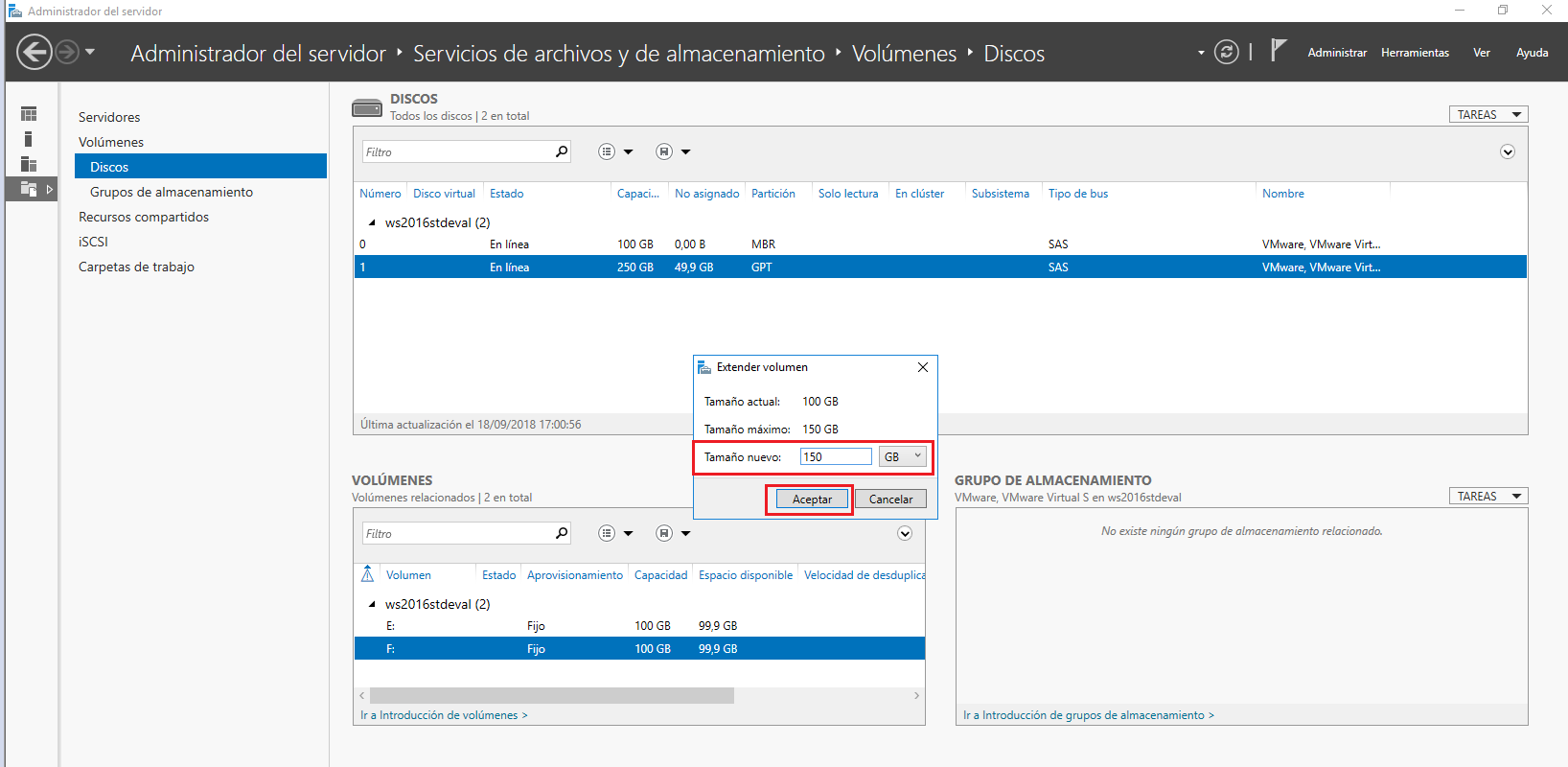 Administración de discos en MS Windows Server 2016 con el Administrador ...