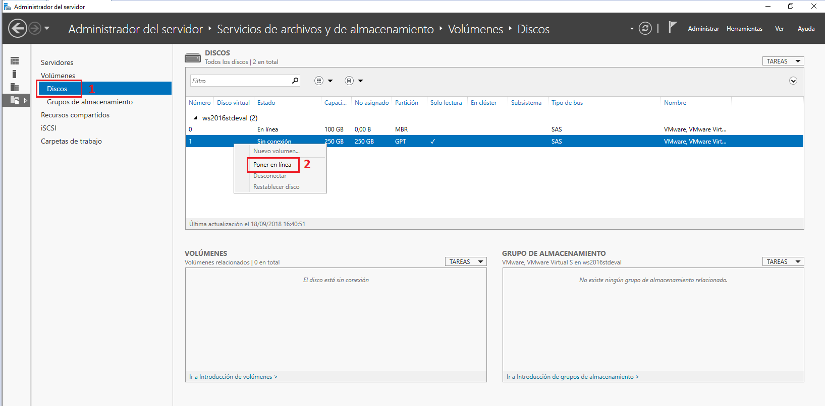 Administración de discos en MS Windows Server 2016 con el Administrador ...