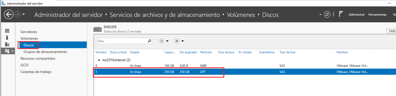 Administración de discos en MS Windows Server 2016 con el Administrador ...