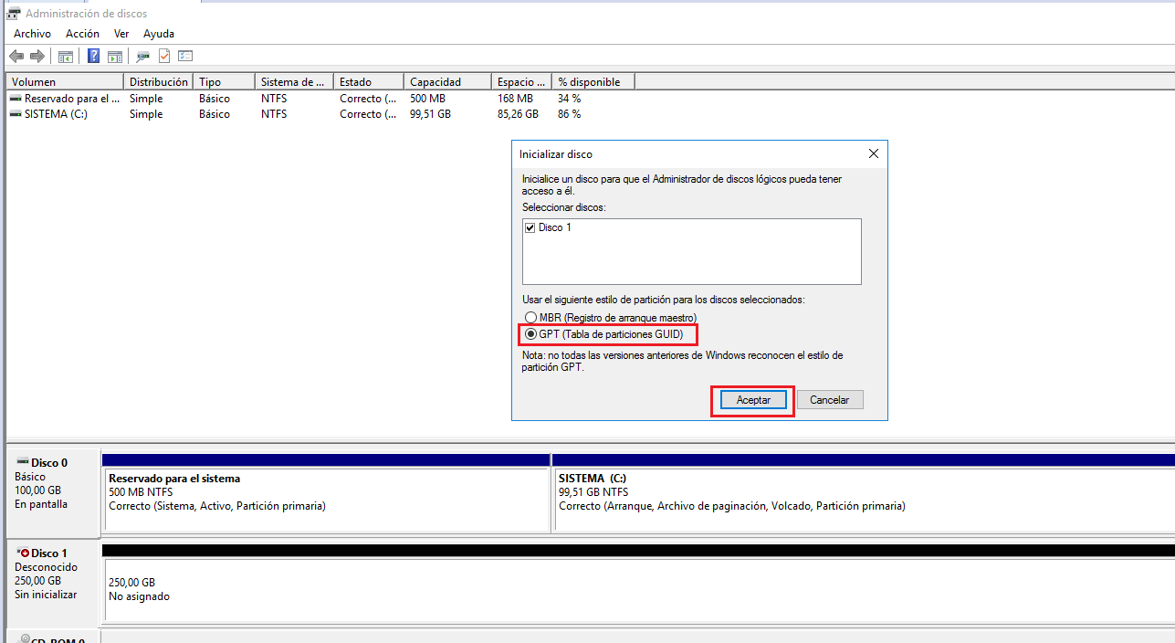 Administración de discos en MS Windows Server 2016 con el Administrador ...