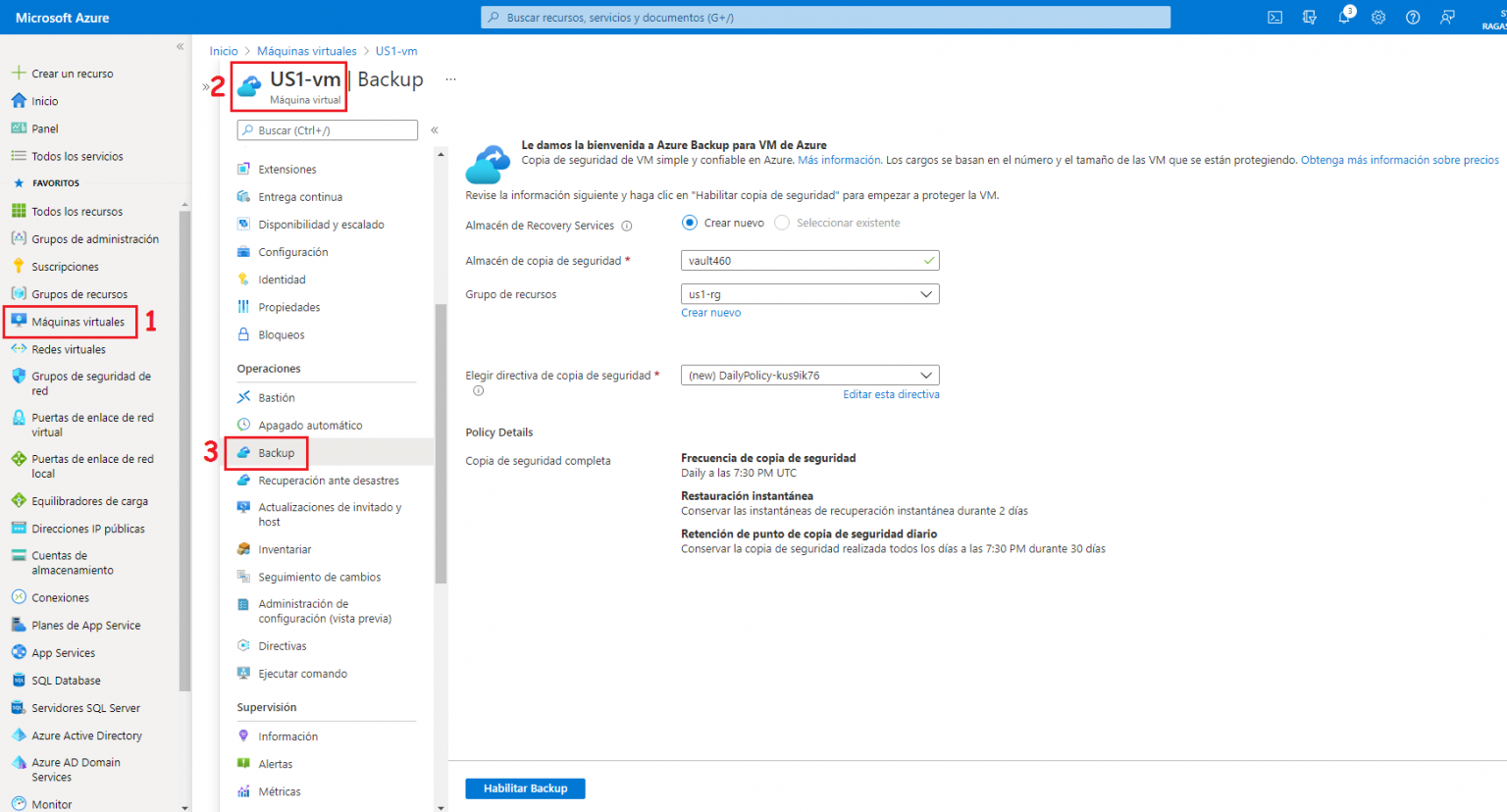 AZURE – Máquinas Virtuales - Backups - RAGASYS SISTEMAS