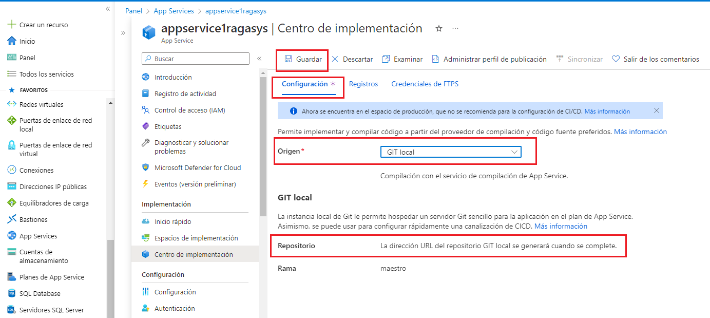 Azure – App Services – Implementación por Local Git – RAGASYS SISTEMAS