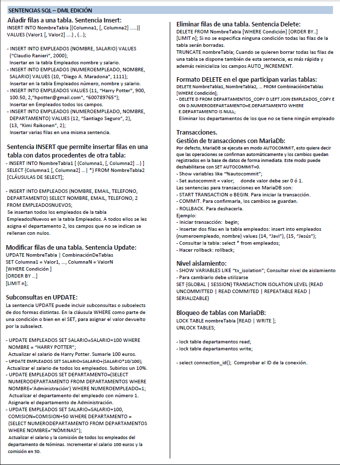MariaDB/MySQL – DML – Póster Sentencias SQL Edición – RAGASYS SISTEMAS